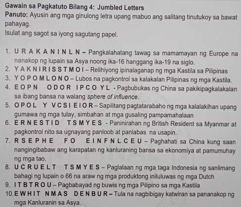 gawain sa pagkatuto bilang 4: jumbled letters panuto: ayusin ang mga ...