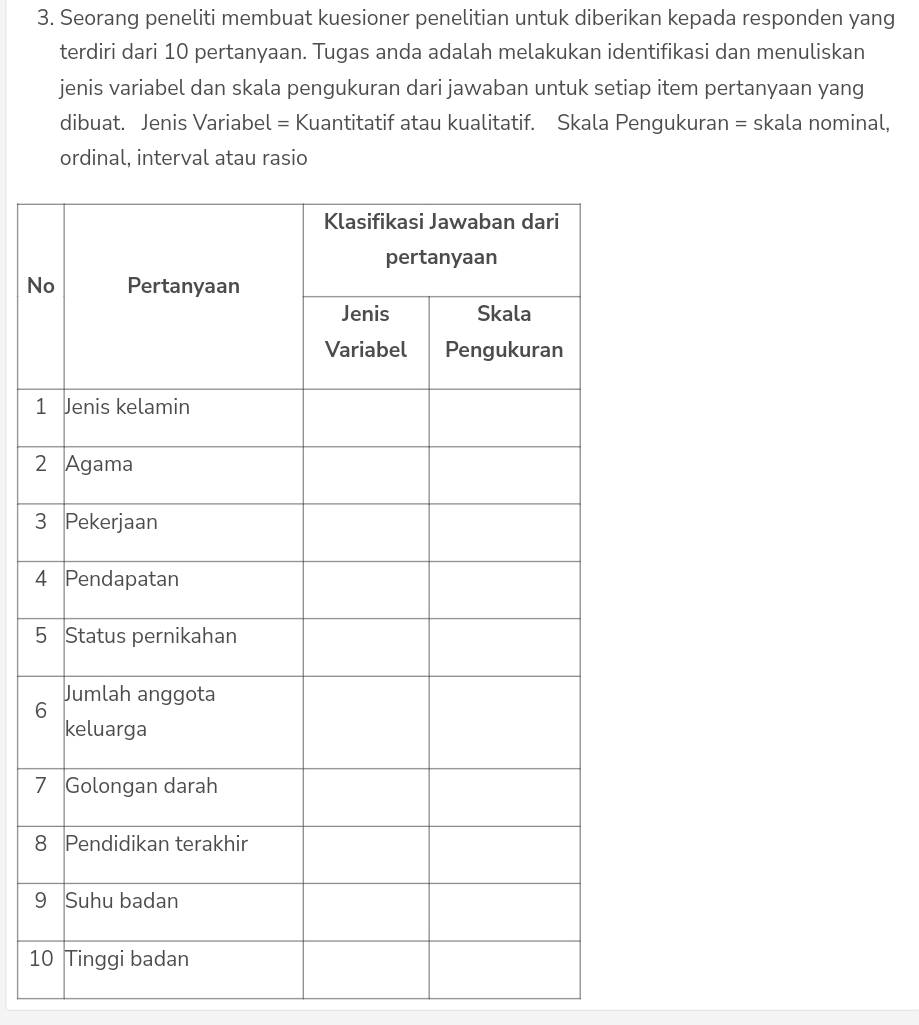 3. seorang peneliti membuat kuesioner penelitian untuk diberikan kepada ...