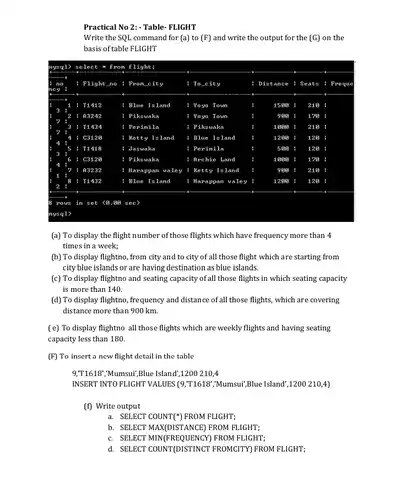 Practical No 2 Table Flight Write The Sql Command For A To F And Write The Output For The G