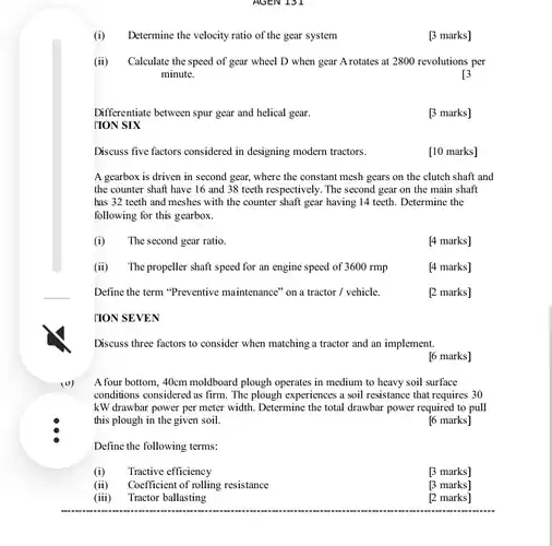 (i) determine the velocity ratio of the gear system [3 marks] (ii ...