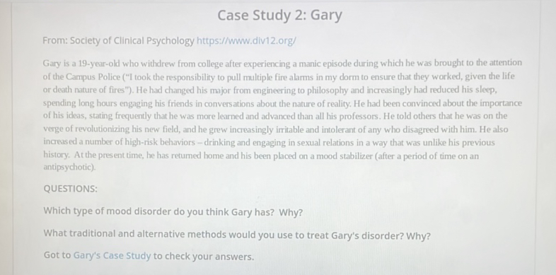 case study 2: gary from: society of clinical psychology / gary is a 19 ...
