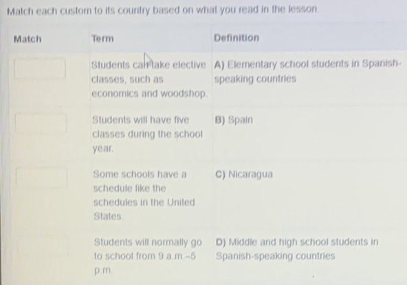 Match Each Custom to Its Country Based on What You Read in the Lesson ...
